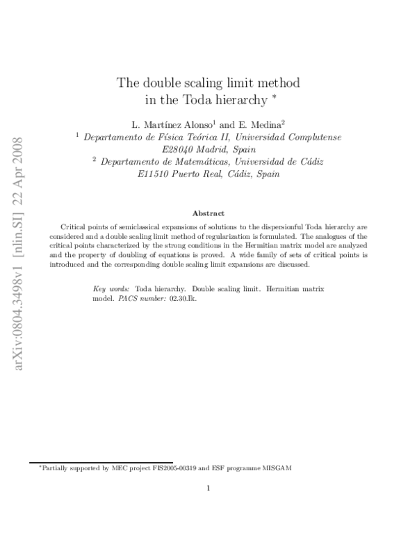 (PDF) The double scaling limit method in the Toda hierarchy