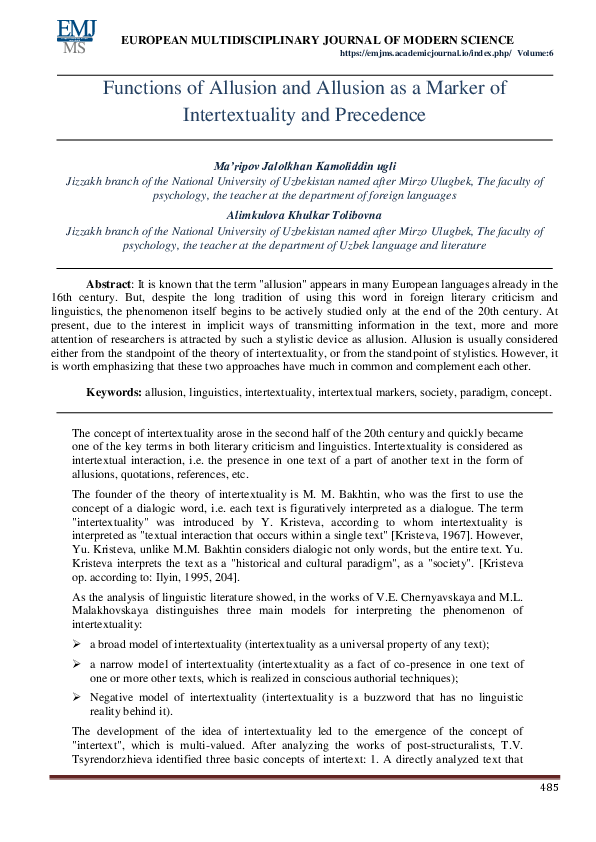 (PDF) Functions of Allusion and Allusion as a Marker of Intertextuality ...