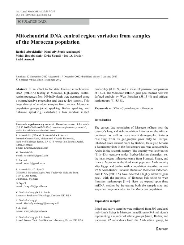 (PDF) Mitochondrial DNA control region variation from samples of the ...