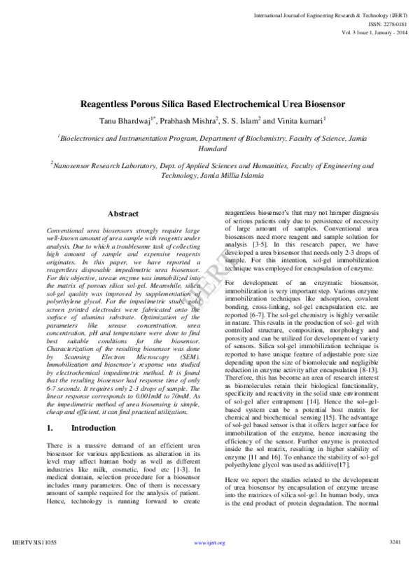 (PDF) Reagentless Porous Silica Based Electrochemical Urea Biosensor