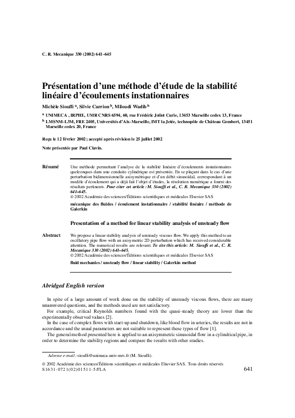 (PDF) Présentation d'une méthode d'étude de la stabilité linéaire d ...
