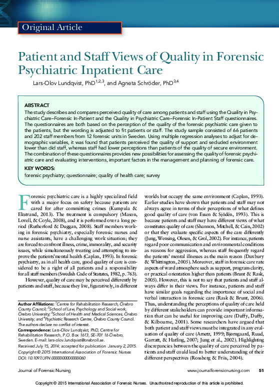 (PDF) Patient and staff views of quality in forensic psychiatric ...
