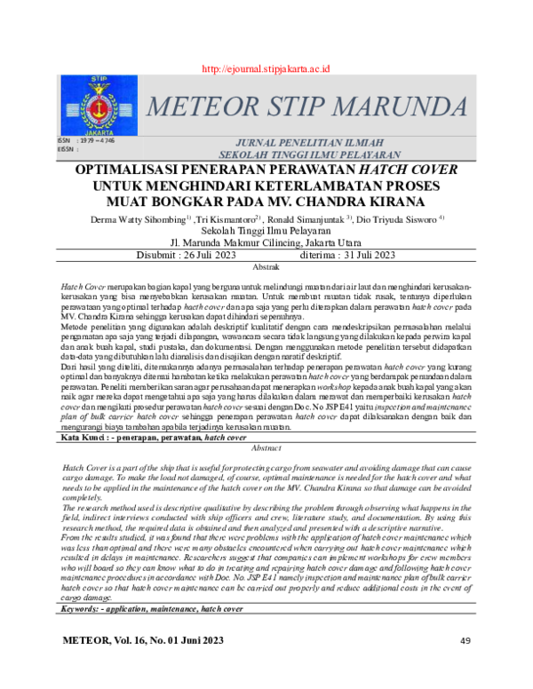 (PDF) Optimalisasi Penerapan Perawatan Hatch Cover Untuk Menghindari Keterlambatan Proses Muat ...