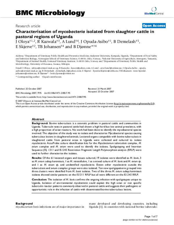 (PDF) Characterisation of mycobacteria isolated from slaughter cattle ...