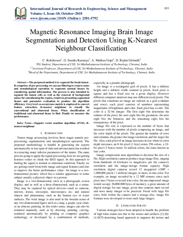 (PDF) Magnetic Resonance Imaging Brain Image Segmentation and Detection Using K-Nearest ...