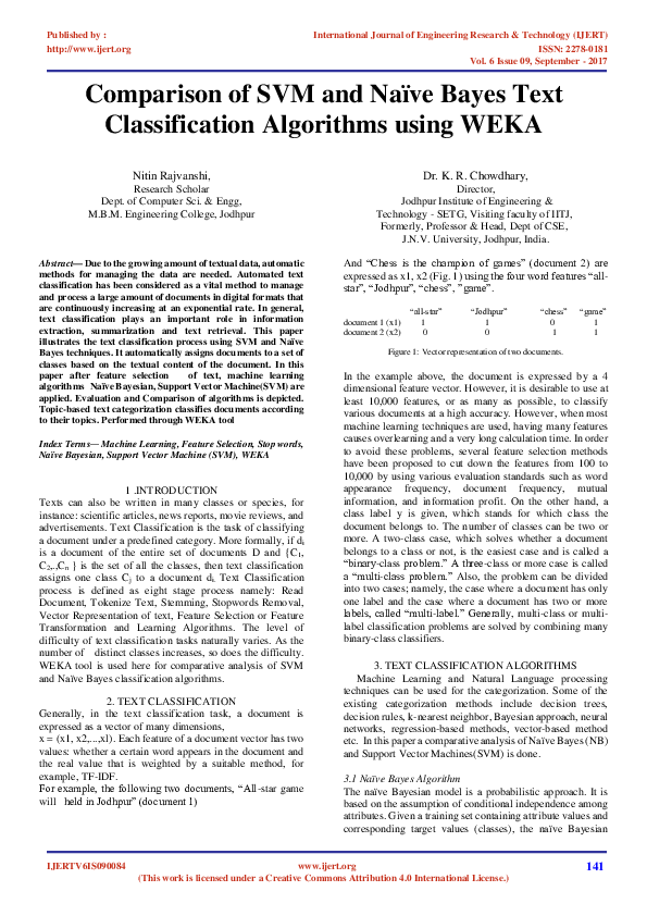 (PDF) Comparison of SVM and Naïve Bayes Text Classification Algorithms using WEKA