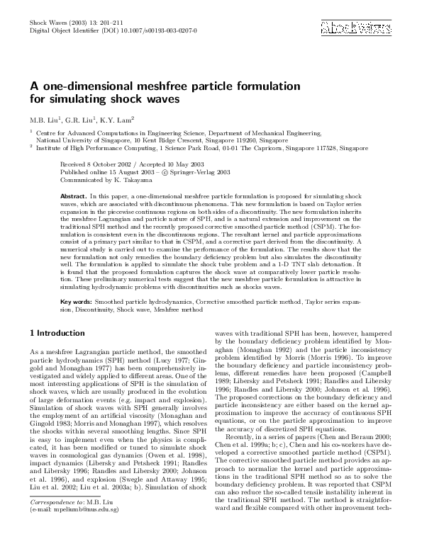(PDF) A one-dimensional meshfree particle formulation for simulating shock waves