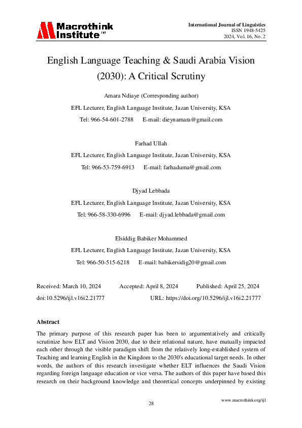 (PDF) English Language Teaching & Saudi Arabia Vision (2030): A ...