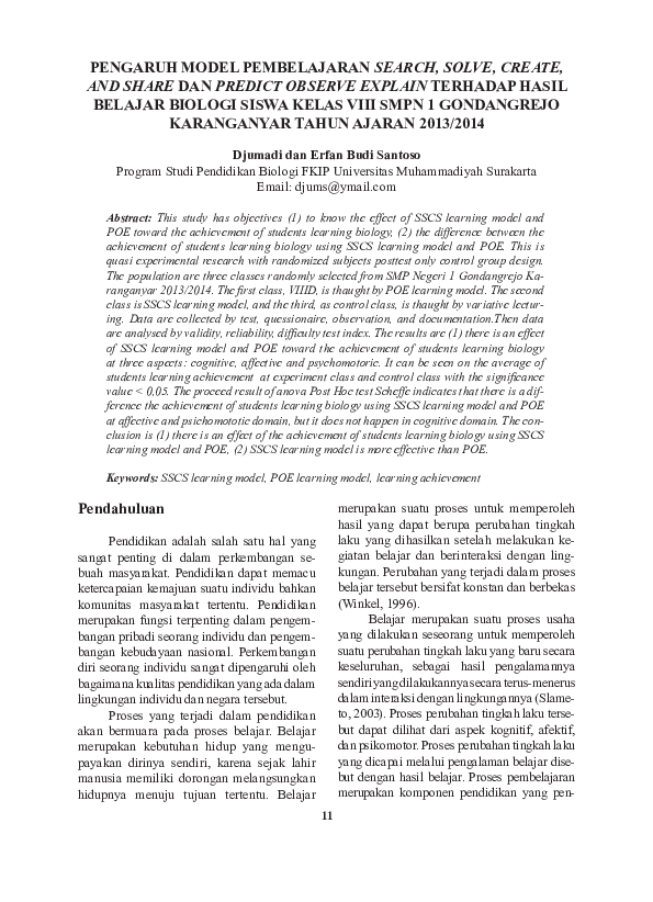 (PDF) Pengaruh Model Pembelajaran Search, Solve, Create, and Share dan Predict Observe Explain ...