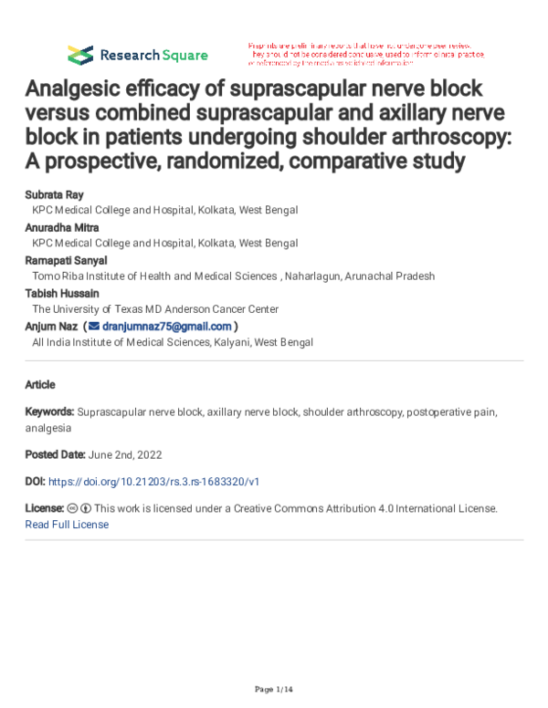 Pdf Analgesic Efficacy Of Suprascapular Nerve Block Versus Combined Suprascapular And Axillary
