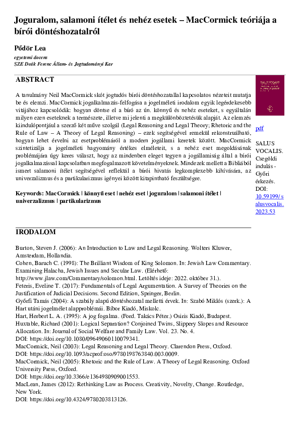 (PDF) Joguralom, salamoni ítélet és nehéz esetek – MacCormick teóriája ...