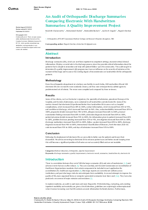 (PDF) An Audit of Orthopaedic Discharge Summaries Comparing Electronic ...