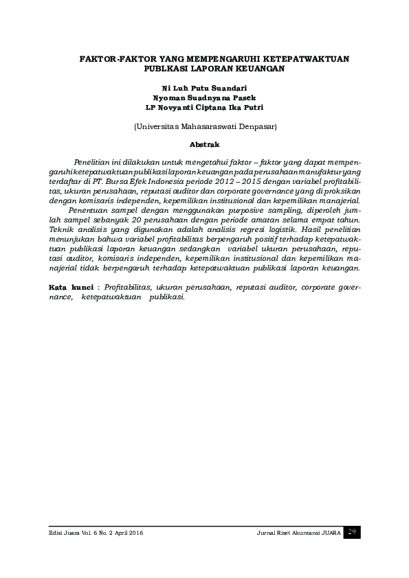 (PDF) Faktor-Faktor Yang Mempengaruhi Ketepatwaktuan Publkasi Laporan Keuangan