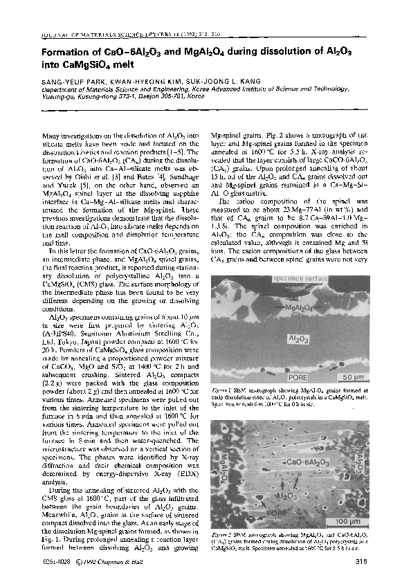 (PDF) Formation of CaO-6Al2O3 and MgAl2O4 during dissolution of Al2O3 ...