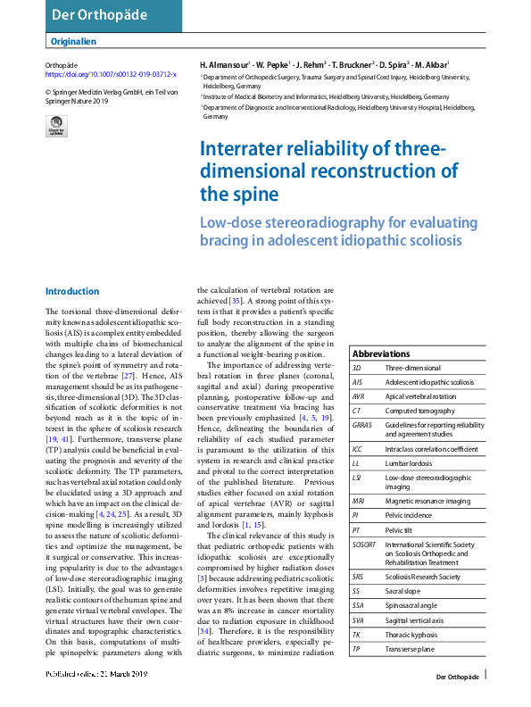 (PDF) Interrater reliability of three-dimensional reconstruction of the spine