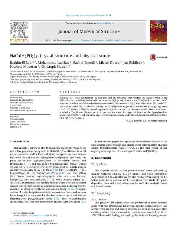 (PDF) NaCo(H2PO2)3: Crystal structure and physical study