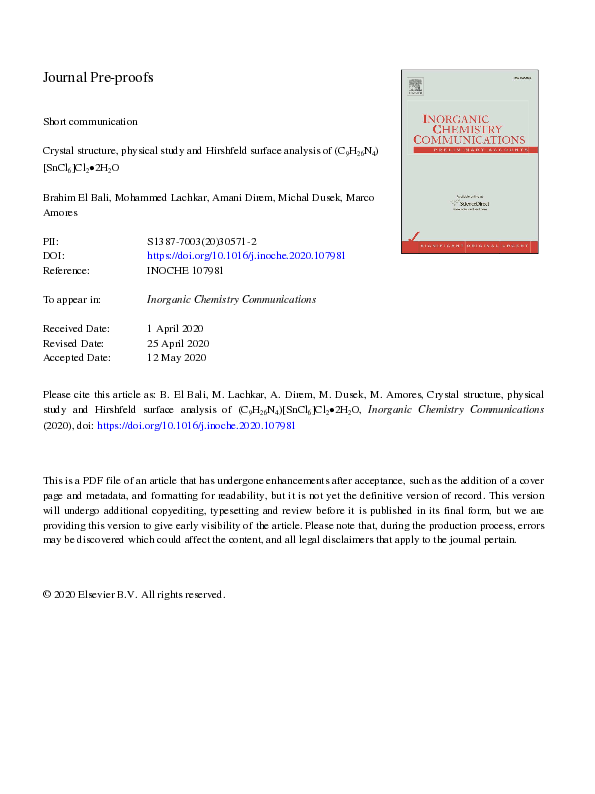 (PDF) Crystal structure, physical study and Hirshfeld surface analysis ...