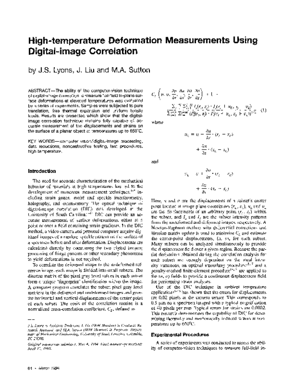 Pdf High Temperature Deformation Measurements Using Digital Image Correlation