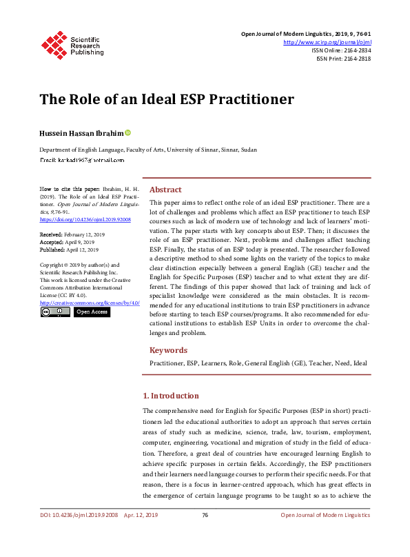 (PDF) The Role of an Ideal ESP Practitioner | Hussein H . Ibrahim ...