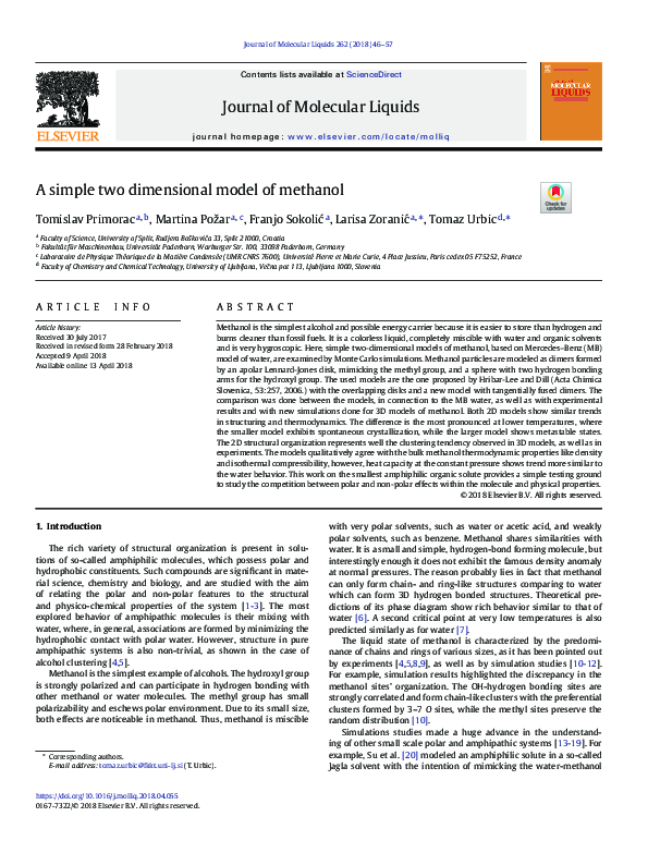 (PDF) A simple two dimensional model of methanol