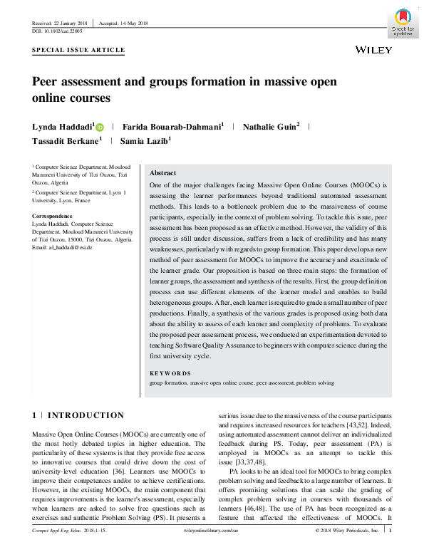 (PDF) Peer assessment and groups formation in massive open online courses