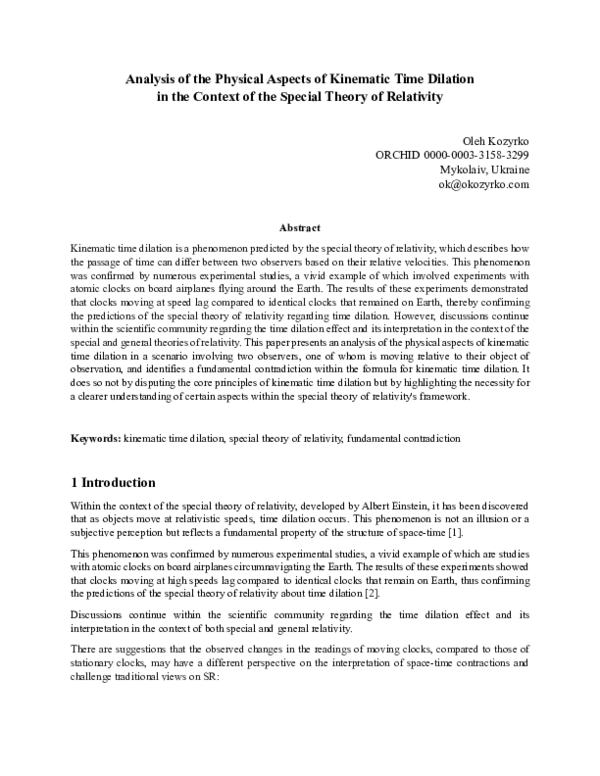 (PDF) Analysis of the Physical Aspects of Kinematic Time Dilation in ...