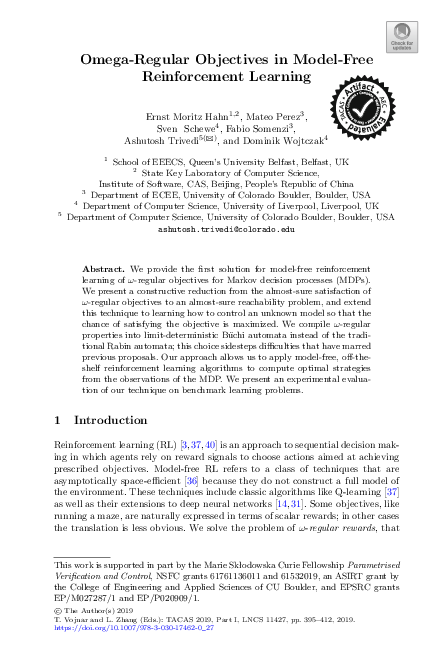 (PDF) Omega-Regular Objectives in Model-Free Reinforcement Learning | Mateo Perez - Academia.edu