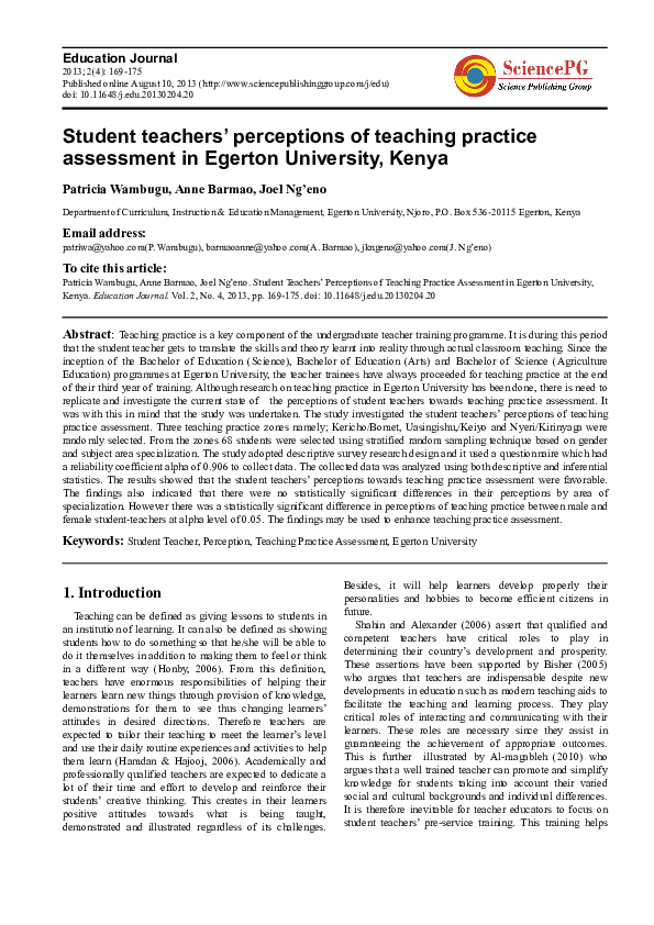 (PDF) Student Teachers Perceptions of Teaching Practice Assessment in Egerton University, Kenya