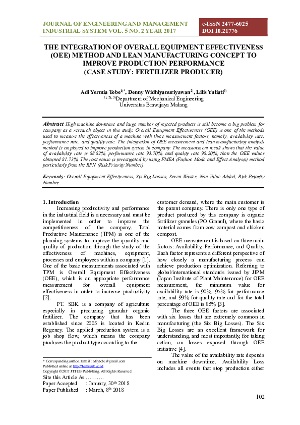(PDF) The Integration of Overall Equipment Effectiveness (Oee) Method and Lean Manufacturing ...