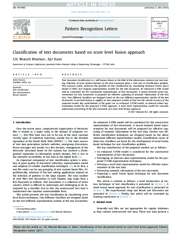 (PDF) Classification of text documents based on score level fusion approach