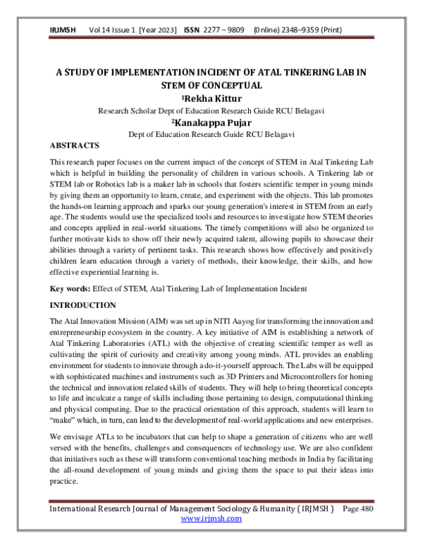 (PDF) A STUDY OF IMPLEMENTATION INCIDENT OF ATAL TINKERING LAB IN STEM OF CONCEPTUAL
