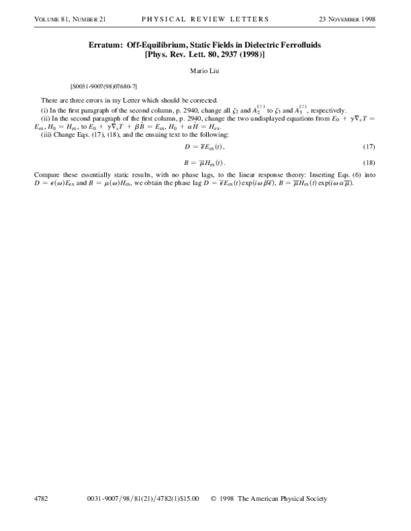 (PDF) Erratum: Off-Equilibrium, Static Fields in Dielectric Ferrofluids [Phys. Rev. Lett. 80 ...