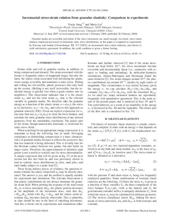 (PDF) Incremental stress-strain relation from granular elasticity: Comparison to experiments
