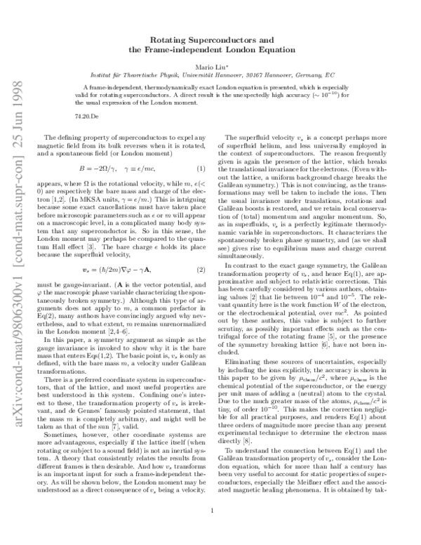 (PDF) Rotating Superconductors and the Frame-Independent London Equation