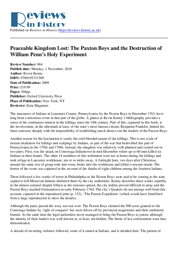 (PDF) Peaceable Kingdom Lost: The Paxton Boys and the Destruction of ...