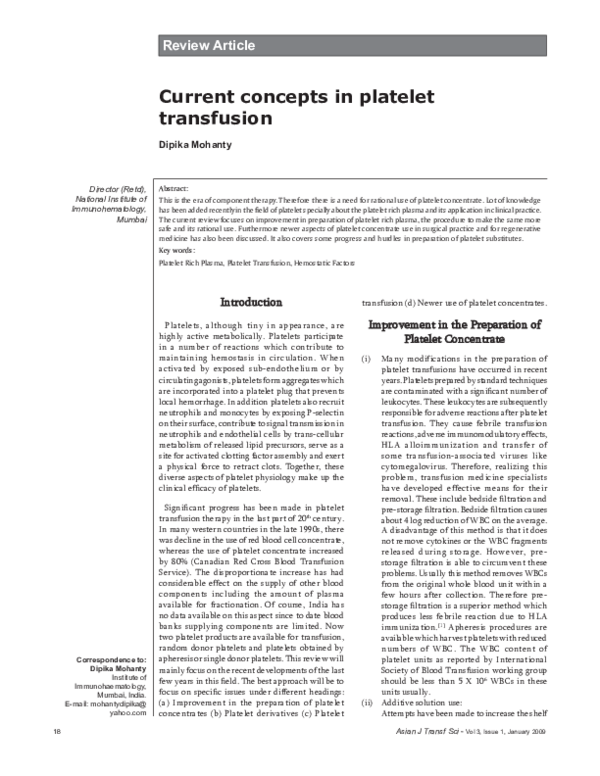 (PDF) Current concepts in platelet transfusion