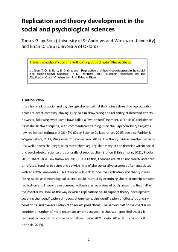 (PDF) Replication and theory development in the social and ...