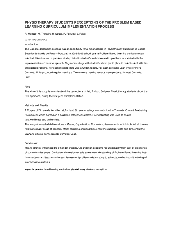 (PDF) Physiotherapy Student’s Perceptions of the Problem Based Learning Curriculum ...