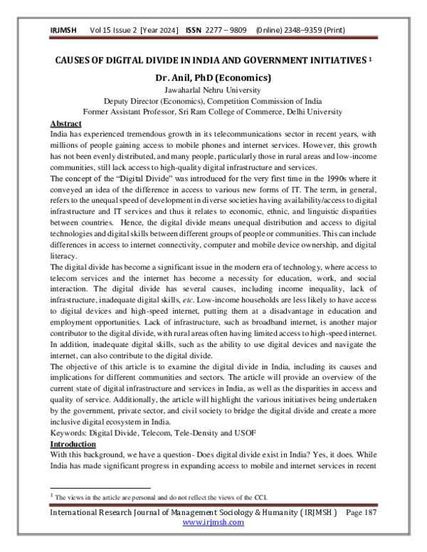 (PDF) CAUSES OF DIGITAL DIVIDE IN INDIA AND GOVERNMENT INITIATIVES 1