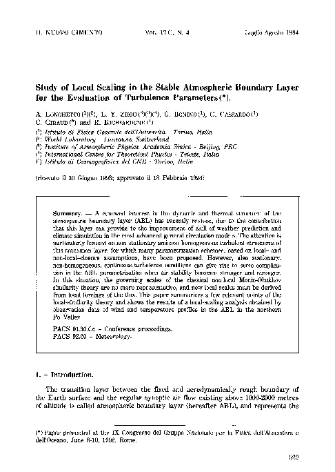 (PDF) Study of local scaling in the stable atmospheric boundary layer for the evaluation of ...