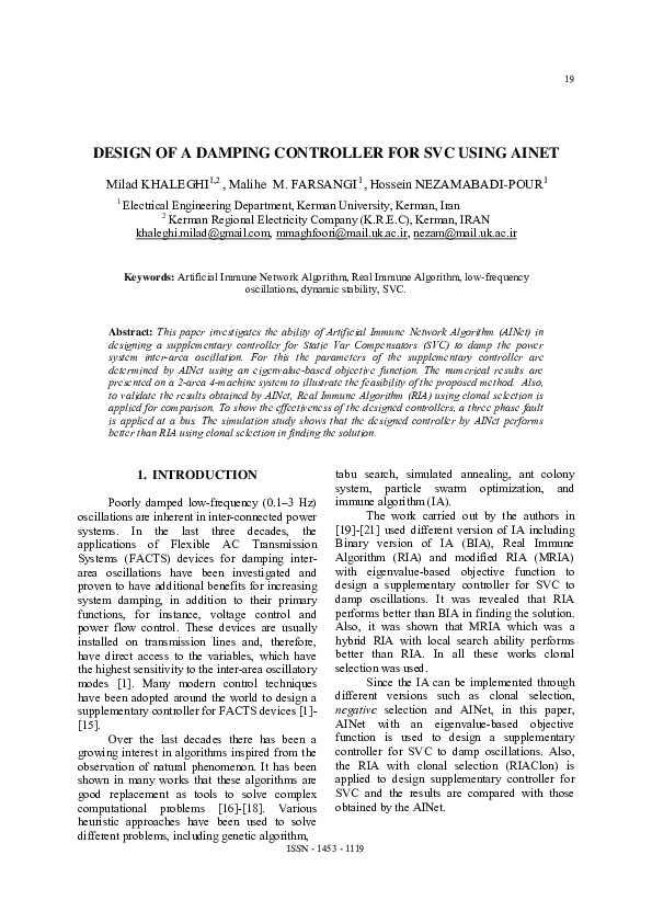 Pdf Design Of A Damping Controller For Svc Using Ainet