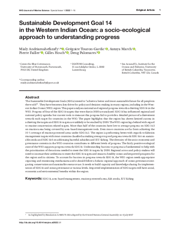(PDF) Progress and Challenges of SDG 14 in the Western Indian Ocean