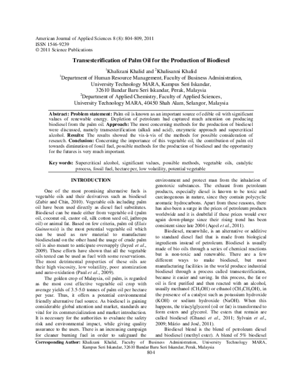 Pdf Transesterification Of Palm Oil For The Production Of Biodiesel