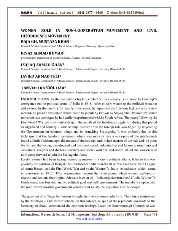 (PDF) WOMEN ROLE IN NON-COOPERATION MOVEMENT AND CIVIL DISOBIDENCE MOVEMENT