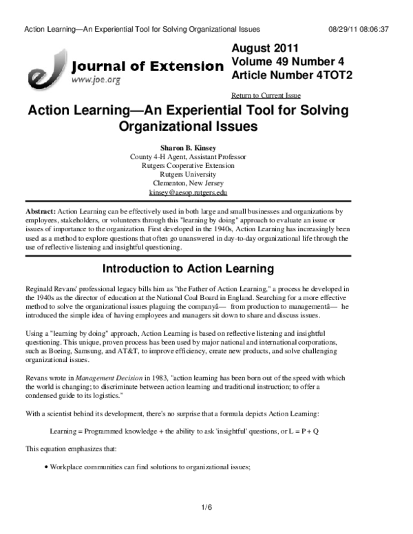 (PDF) Action Learning—An Experiential Tool for Solving Organizational Issues