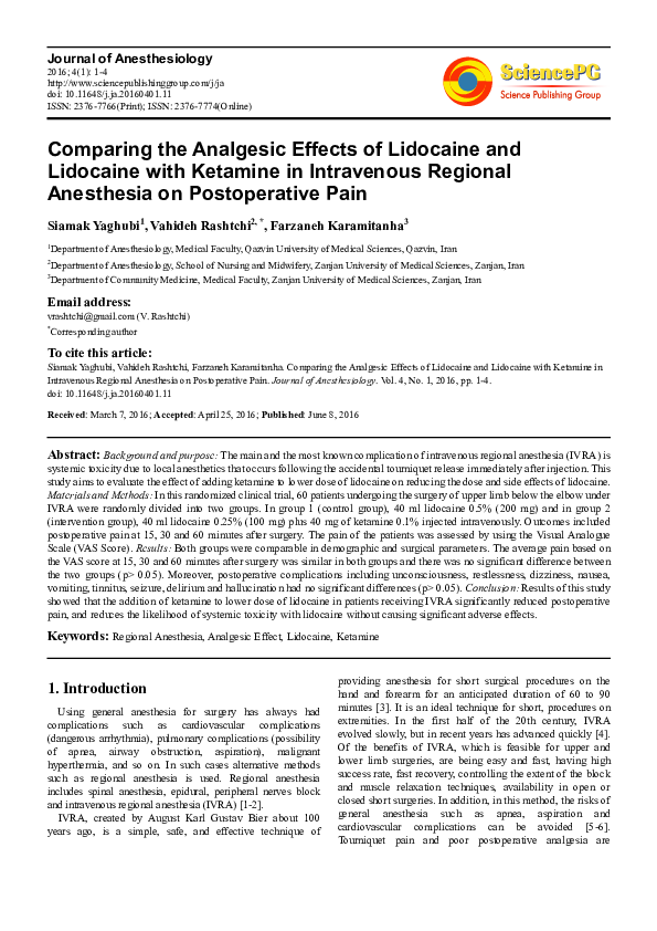 (PDF) Comparing the Analgesic Effects of Lidocaine and Lidocaine with Ketamine in Intravenous ...