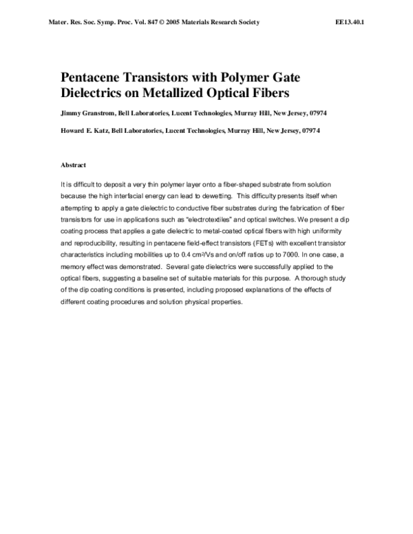 (PDF) Pentacene Transistors with Polymer Gate Dielectrics on Metallized ...