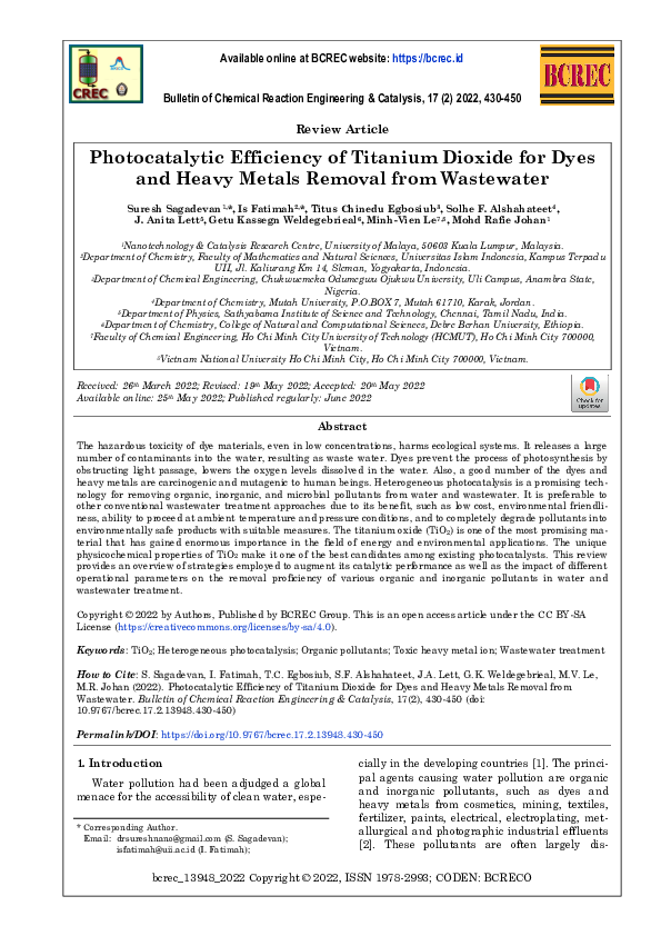 (PDF) Photocatalytic Efficiency of Titanium Dioxide for Dyes and Heavy ...