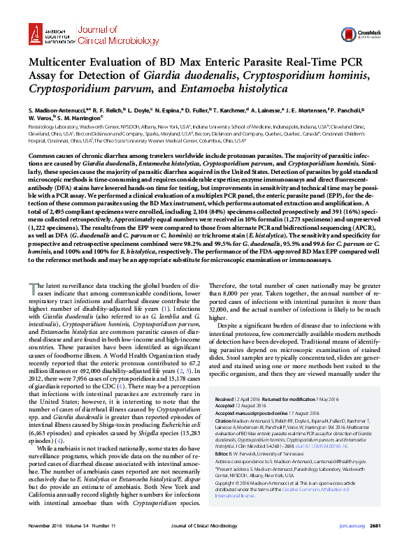 (PDF) Multicenter Evaluation of BD Max Enteric Parasite Real-Time PCR Assay for Detection of ...