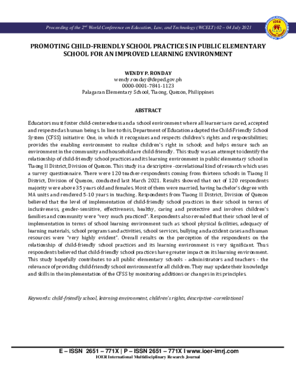 (PDF) Promoting Child-Friendly School Practices in Public Elementary School for an Improved ...